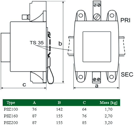 DIN rail mounting encased transformers, PSZ series, PSZ100/230/12V ...