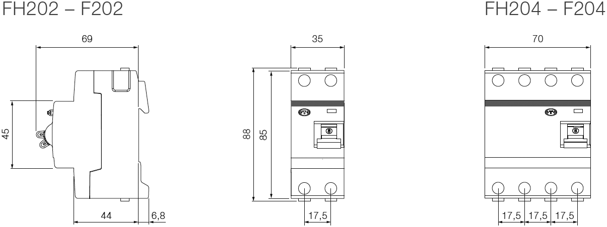 RCD breaker; F200; ABB, F202AC-16/0.01, F202AC-25/0.03, F202AC-25/0.1 ...