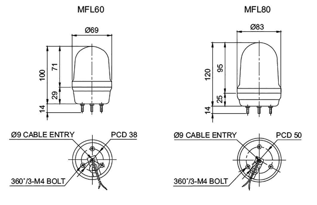 Industrial beacons, MFL series, MFL60-12/24-A, MFL60-12/24-B, MFL60-12/ ...