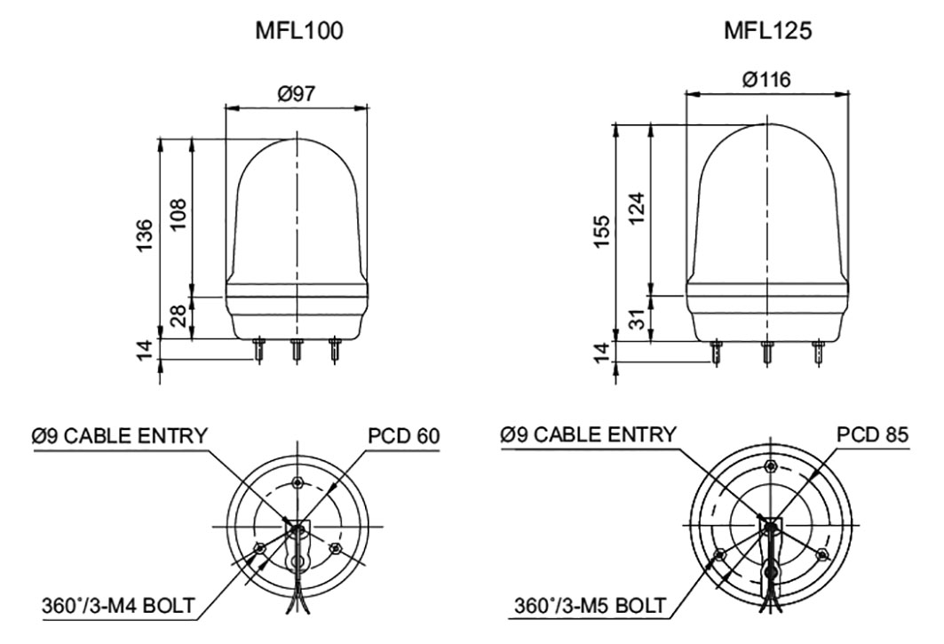 Industrial beacons, MFL series, MFL60-12/24-A, MFL60-12/24-B, MFL60-12/ ...