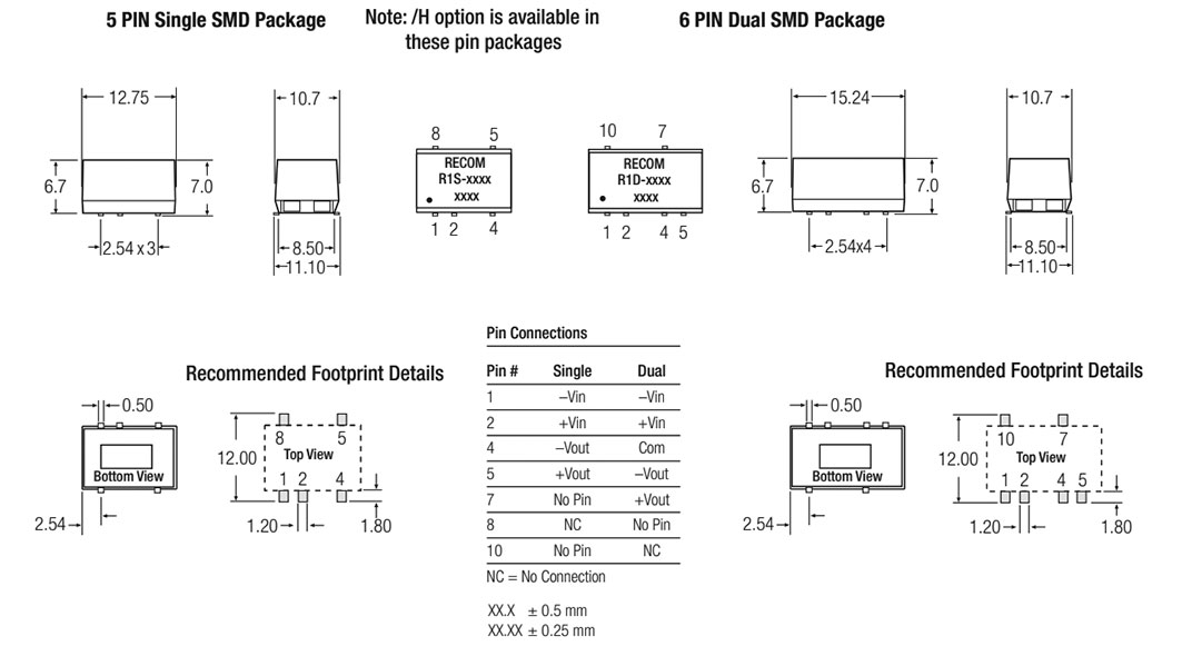 R1S-0505/H RECOM - Converter: DC/DC | 1W; Uin: 4.5÷5.5V; Uout: 5VDC; Iout: 200mA; SMD | TME ...