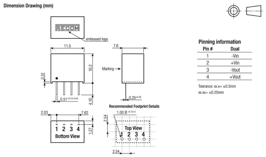 RECOM's DC/DC converters, 2W series., R2D-0505, R2D-0509, R2D-0509/P-R ...