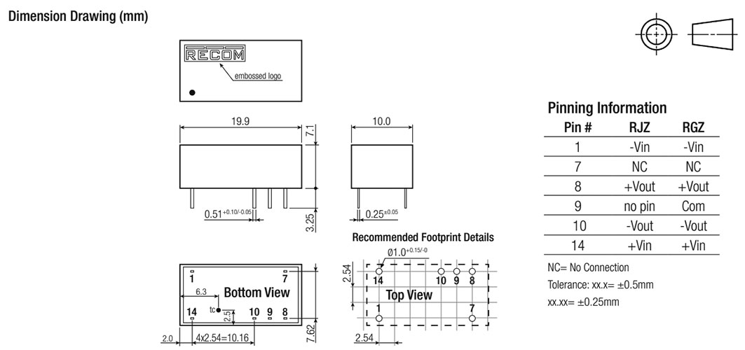 RECOM's DC/DC converters, 2W series., R2D-0505, R2D-0509, R2D-0509/P-R ...