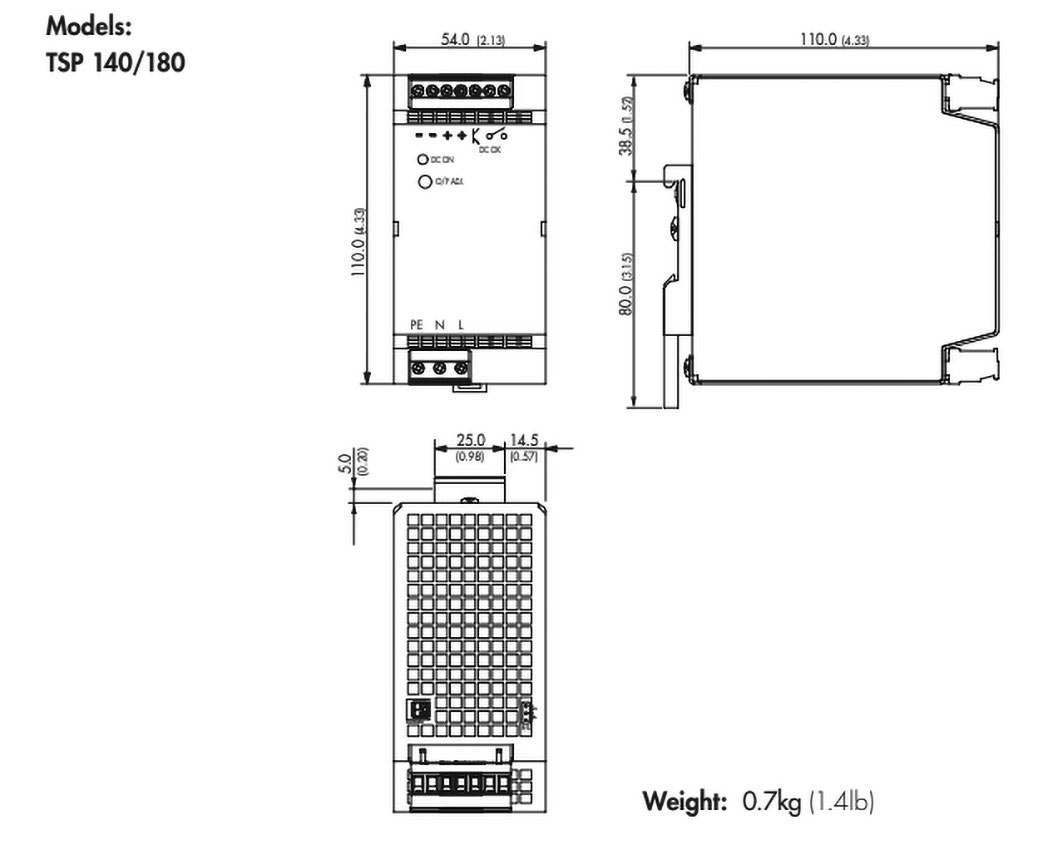 Switching power supplies for DIN rail mounting, TSP/TSPC series, TSP070 ...